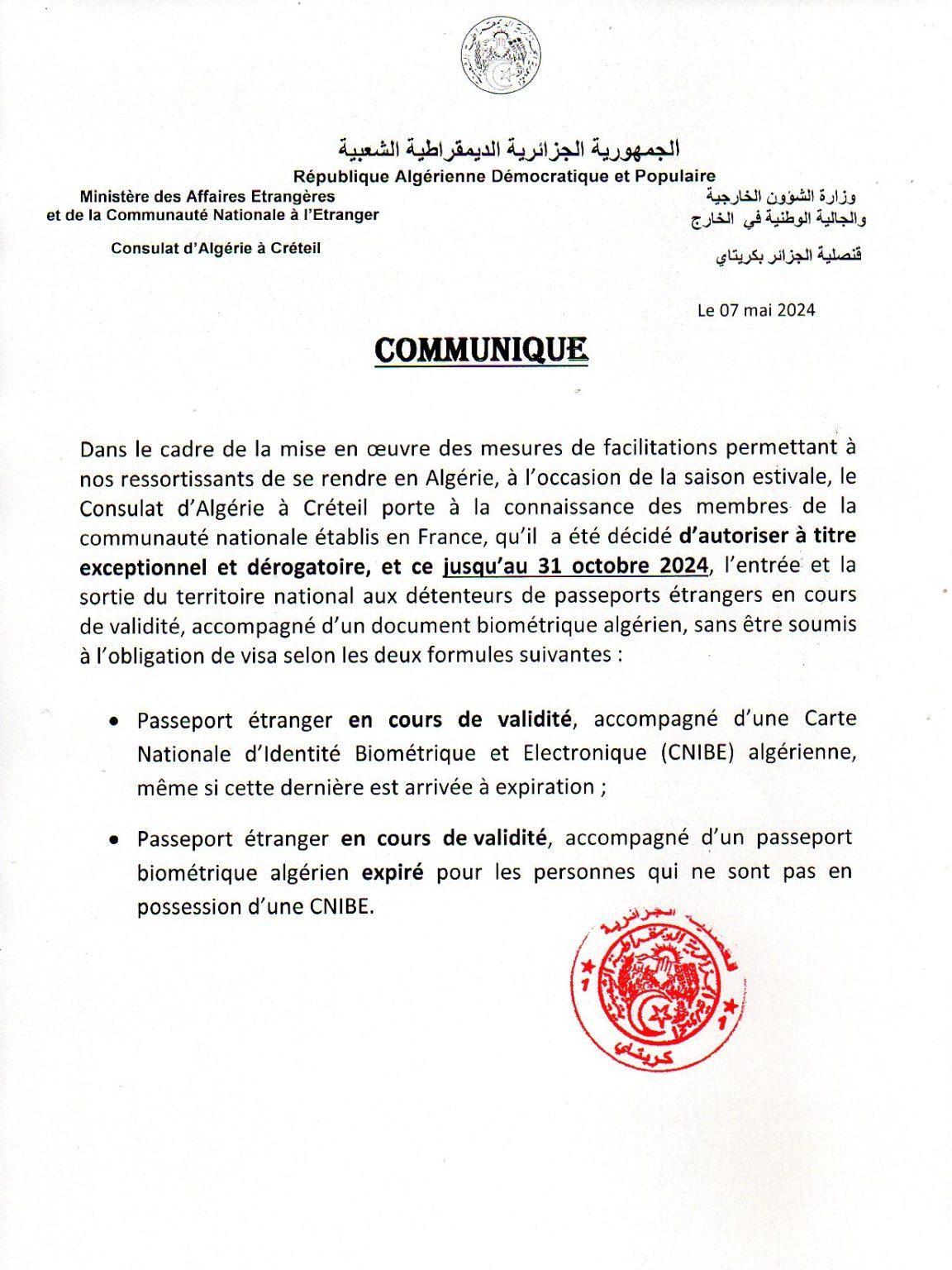 Communique Très Important | Consulat d'Algérie à Créteil